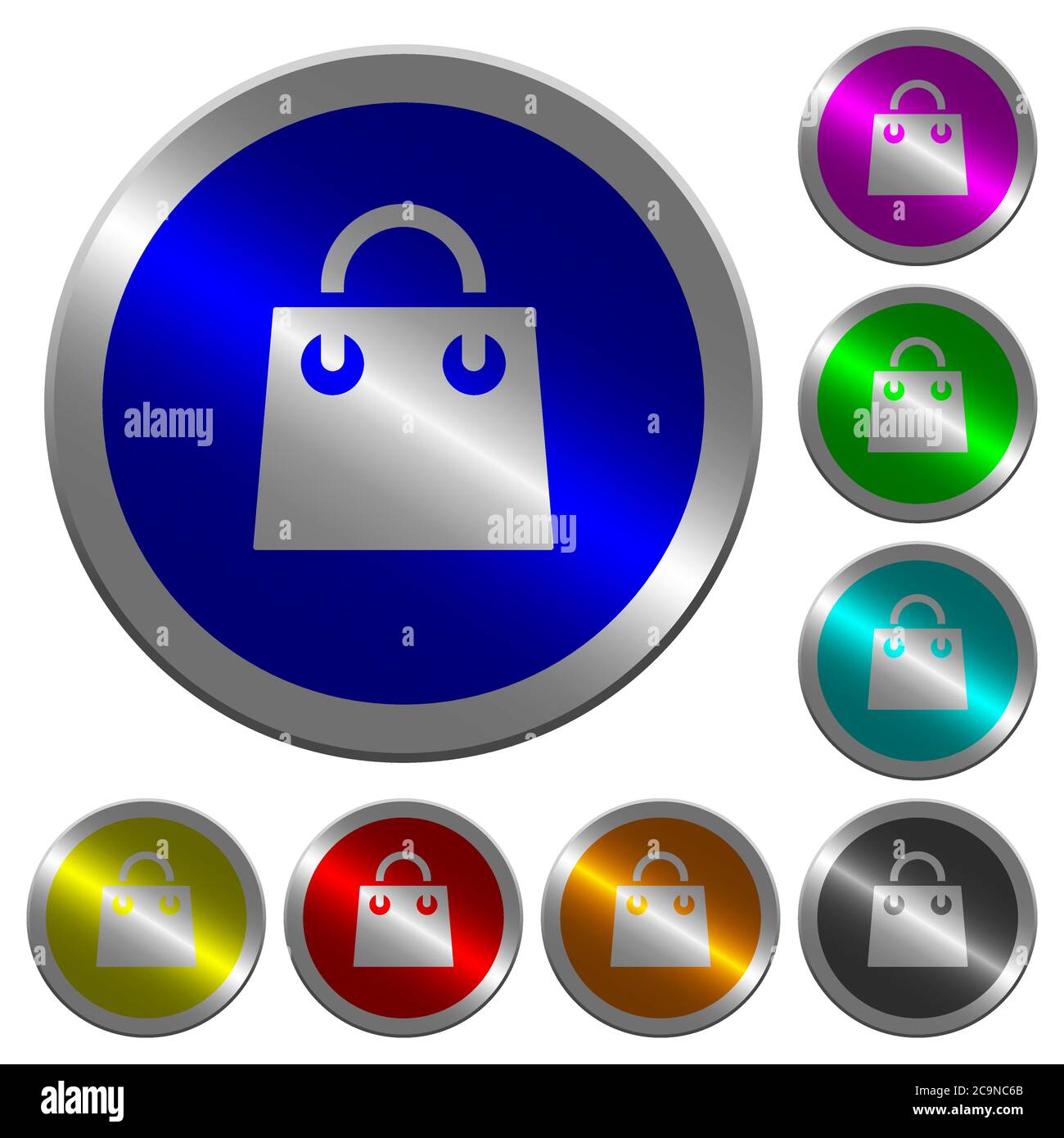 Shopping bag icons on round luminous coin-like color steel buttons ...