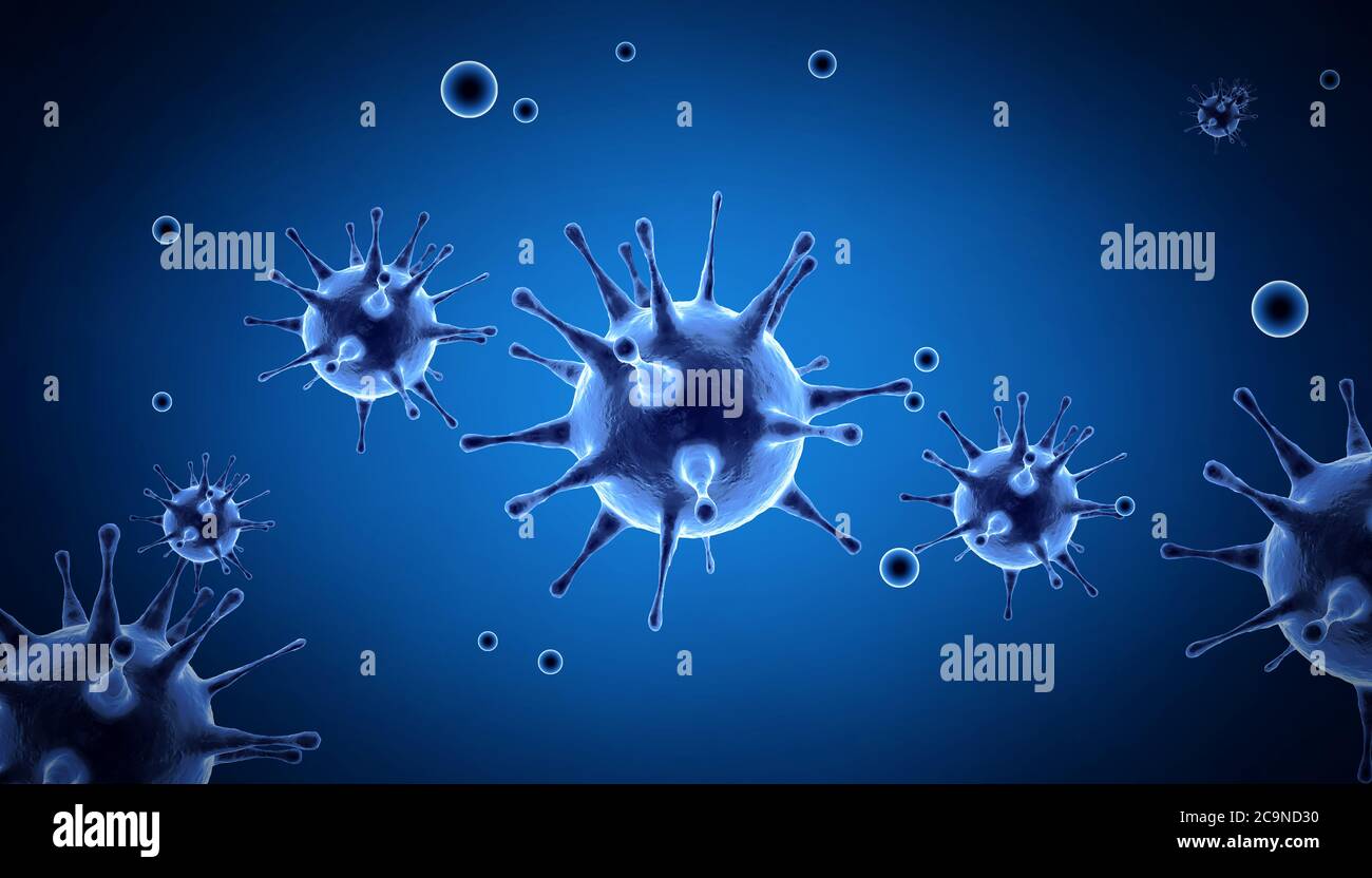 Microscopic view of influenza virus cells. 3D medical illustration ...