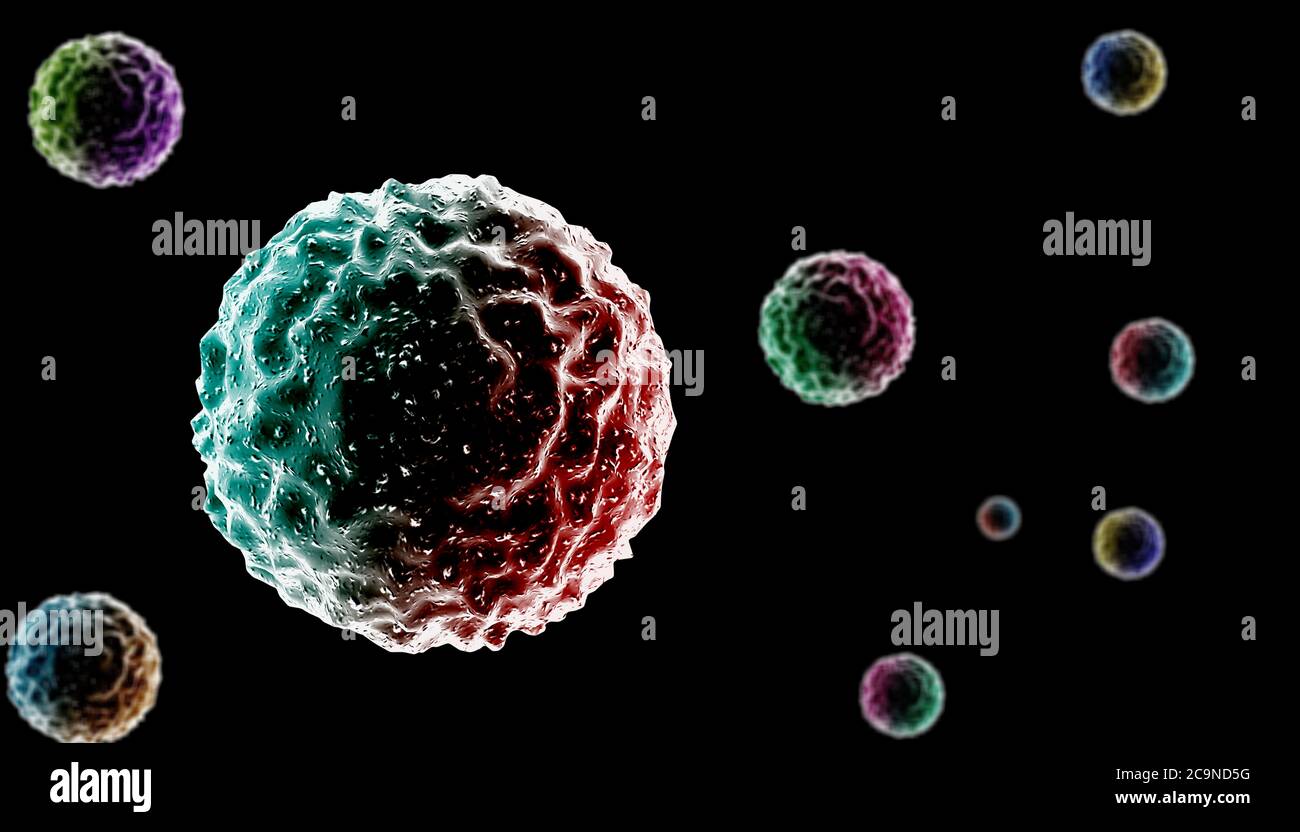 Microscopic view of influenza virus cells. 3D medical illustration ...