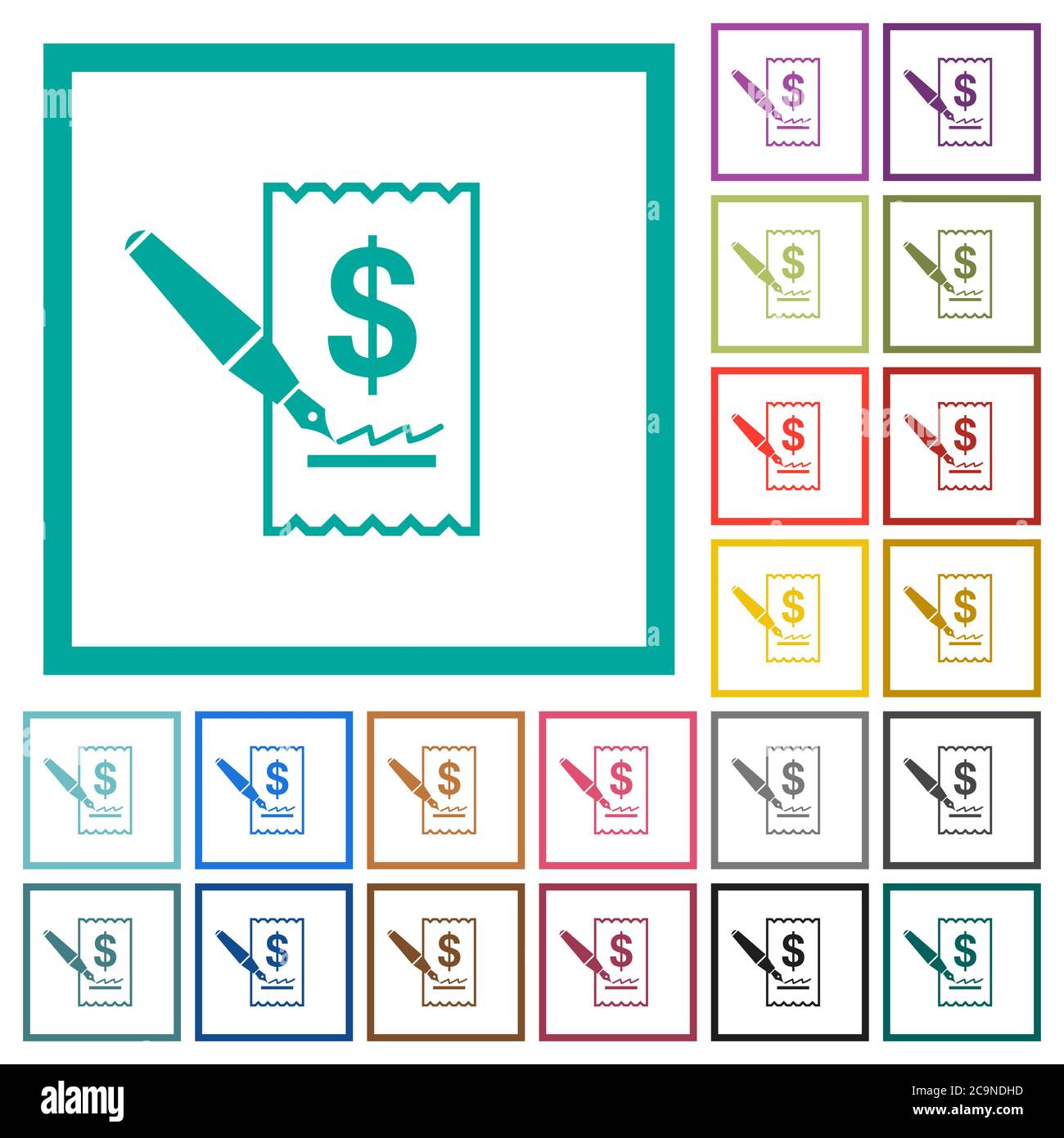 Signing Dollar cheque flat color icons with quadrant frames on white ...