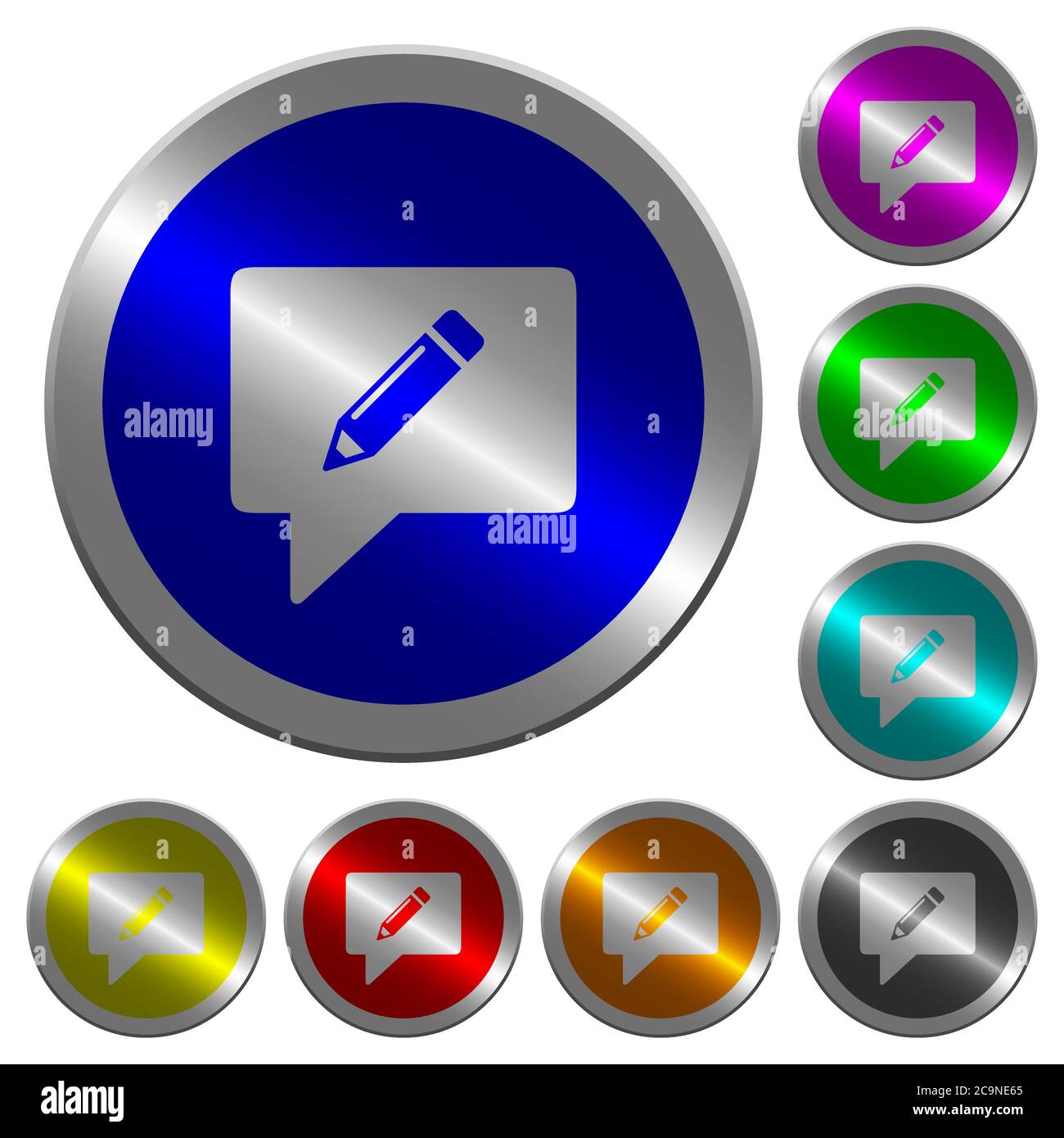 writing comment icons on round luminous coin-like color steel buttons ...