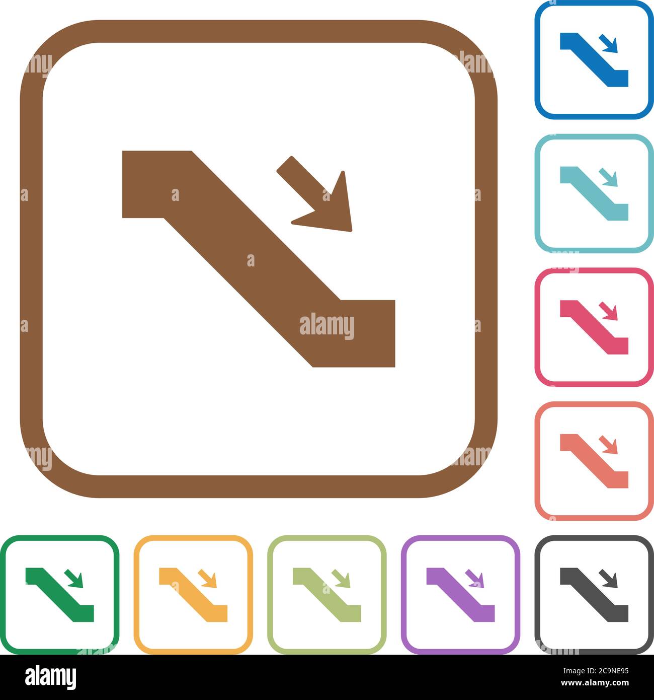 Escalator down sign simple icons in color rounded square frames on ...