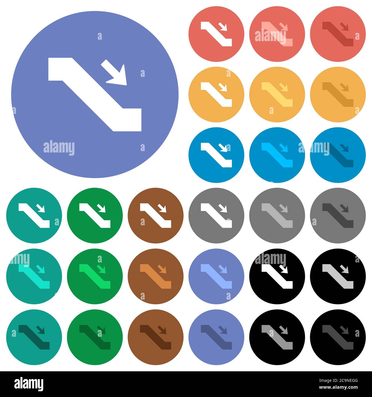 Escalator down sign multi colored flat icons on round backgrounds. Included white, light and ...