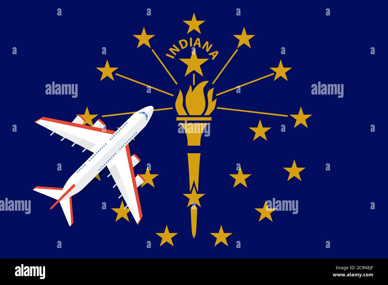 Vector Illustration of a passenger plane flying over the flag of ...