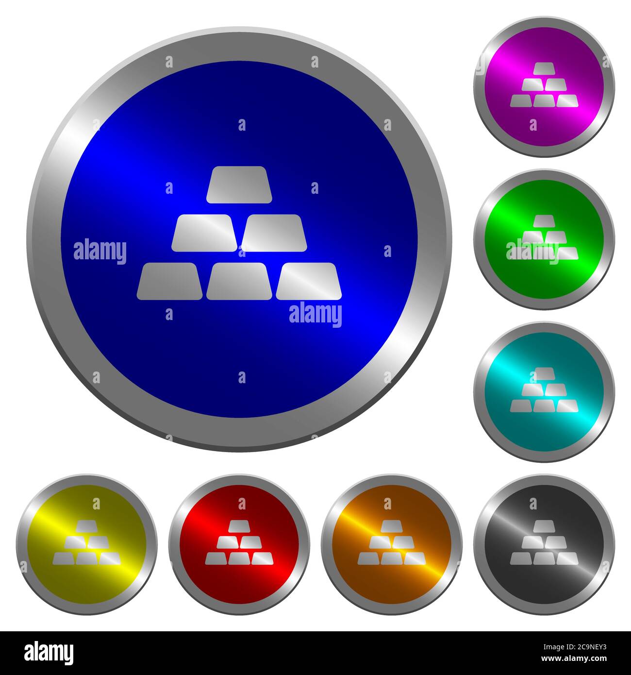 Stack of gold bars icons on round luminous coin-like color steel ...