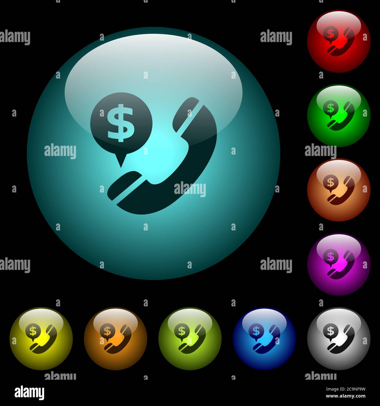 Dollar commercial call icons in color illuminated spherical glass ...