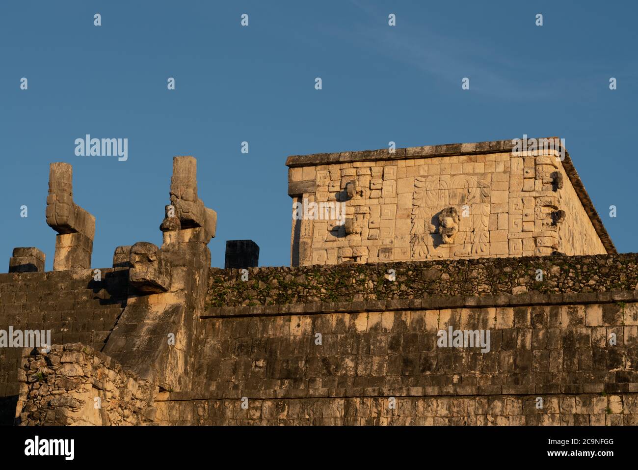 Two Kukulkan serpent pillars atop the Temple of the Warriors in the ...