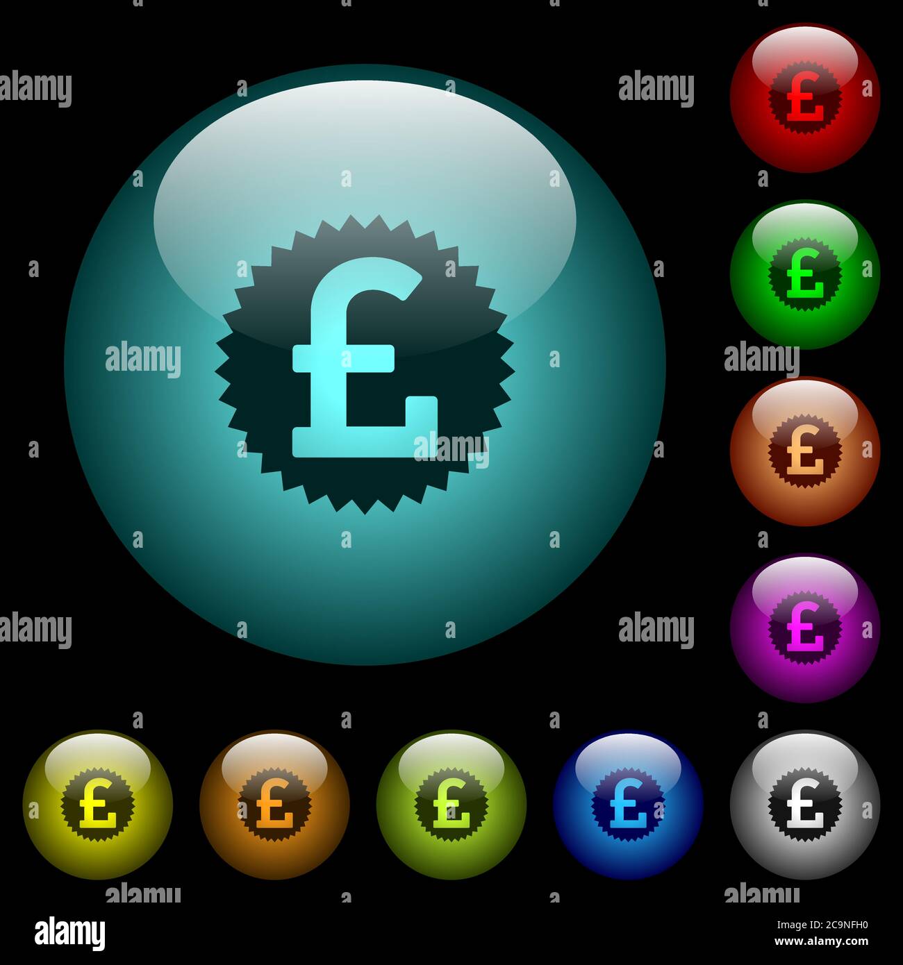 Pound sticker icons in color illuminated spherical glass buttons on ...