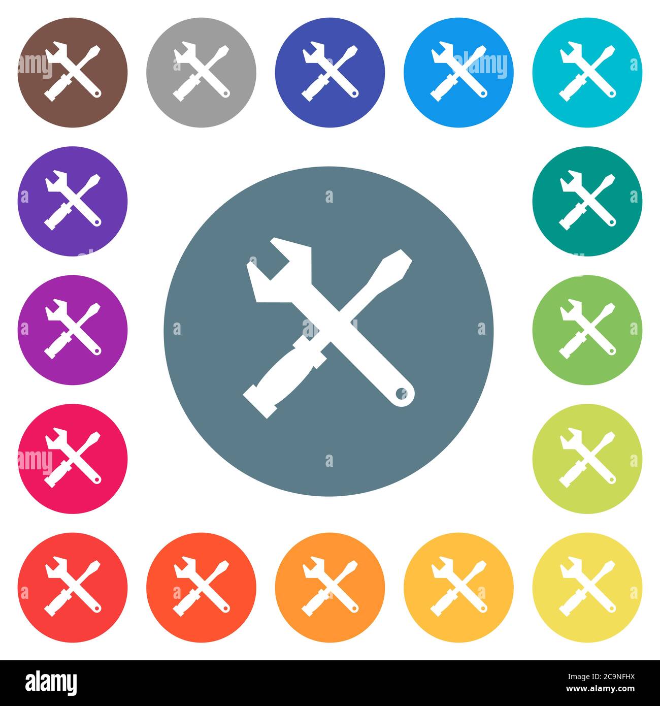 Tool kit flat white icons on round color backgrounds. 17 background ...