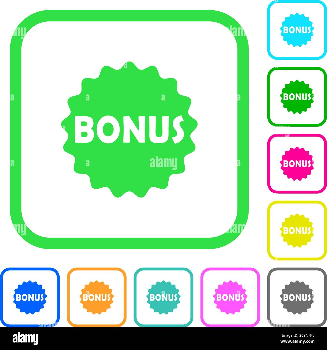 Bonus sticker vivid colored flat icons in curved borders on white ...