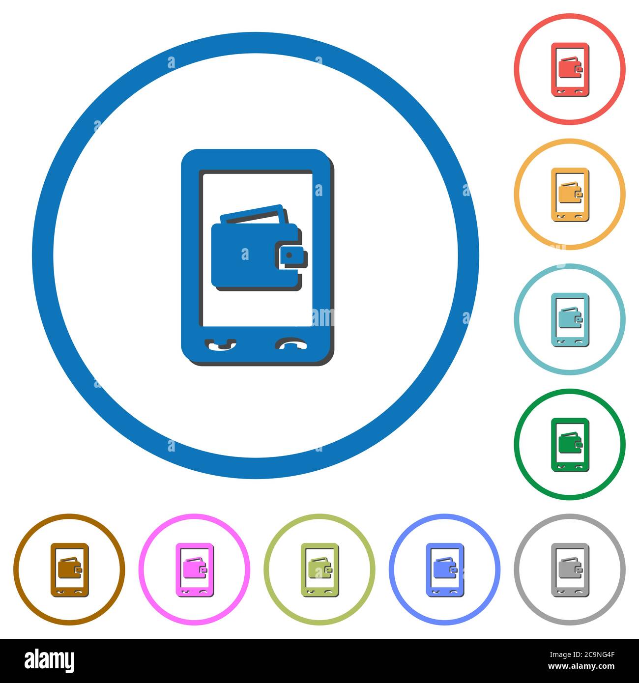 Mobile wallet flat color vector icons with shadows in round outlines on ...