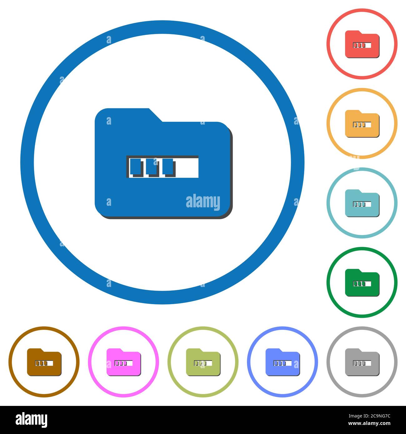 Processing folder flat color vector icons with shadows in round ...