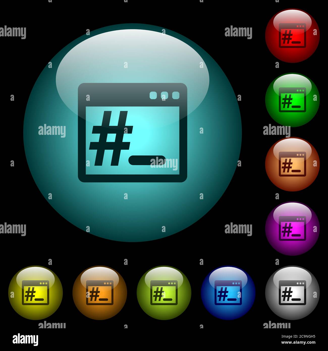 Root terminal icons in color illuminated spherical glass buttons on ...