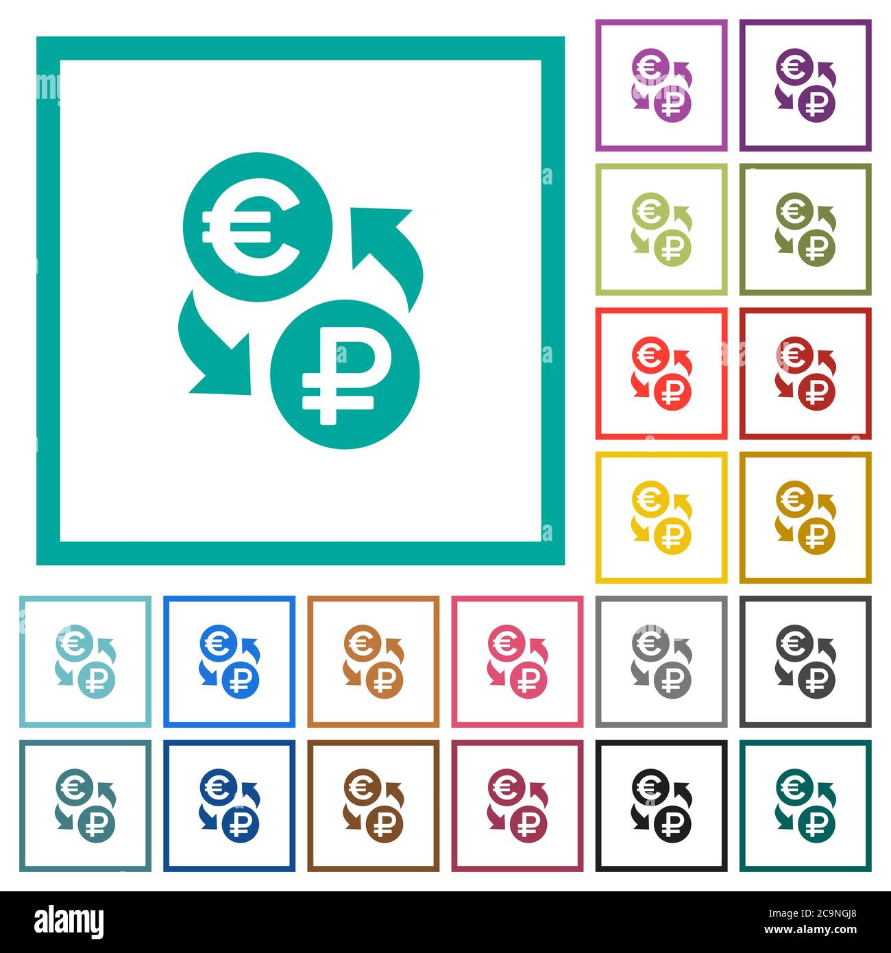 Euro Ruble money exchange flat color icons with quadrant frames on ...