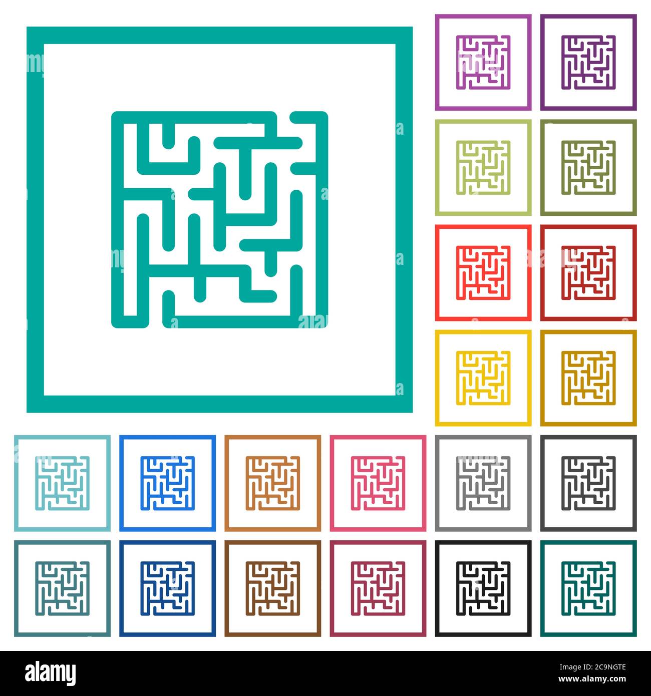 Labyrinth flat color icons with quadrant frames on white background ...