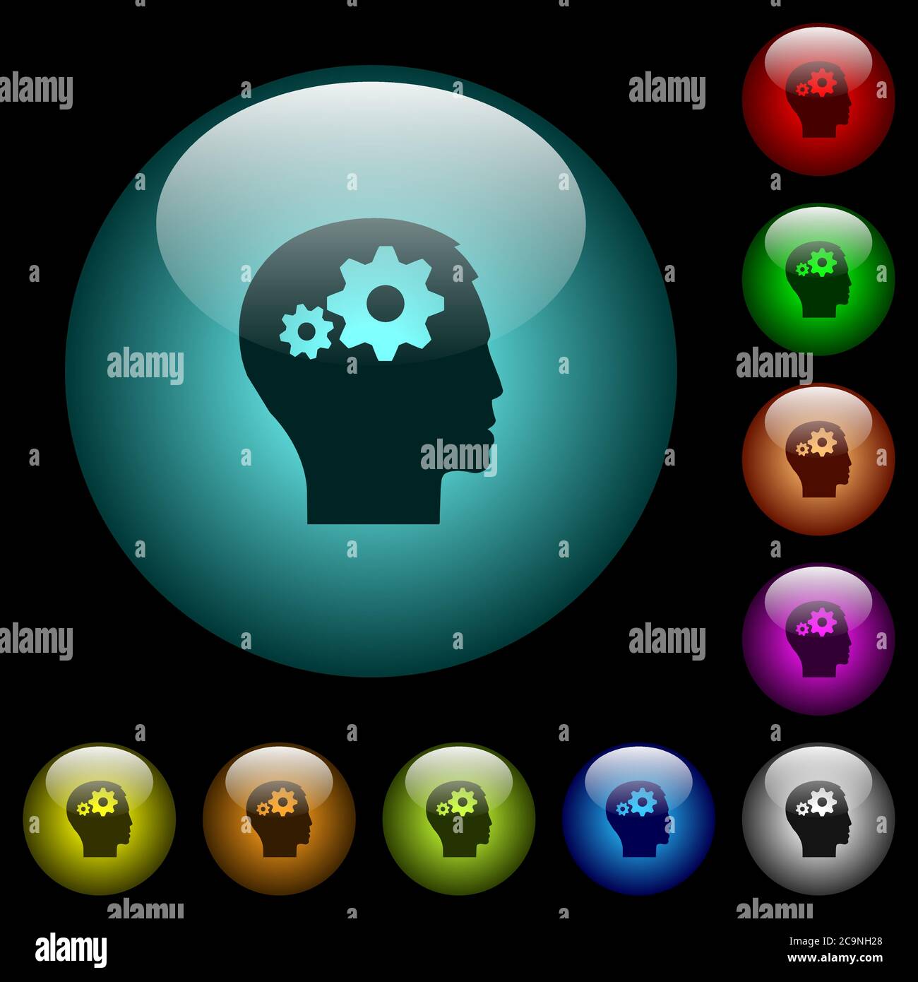 User settings icons in color illuminated spherical glass buttons on ...