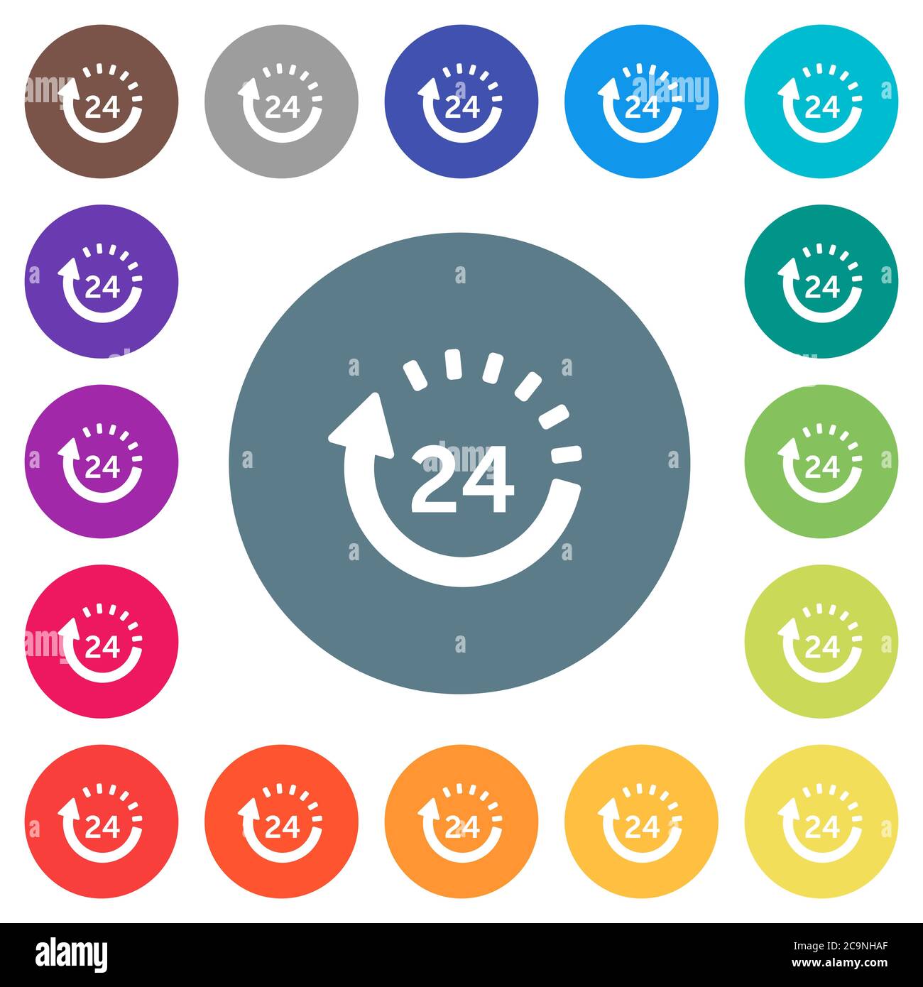 24 hour delivery flat white icons on round color backgrounds. 17 ...
