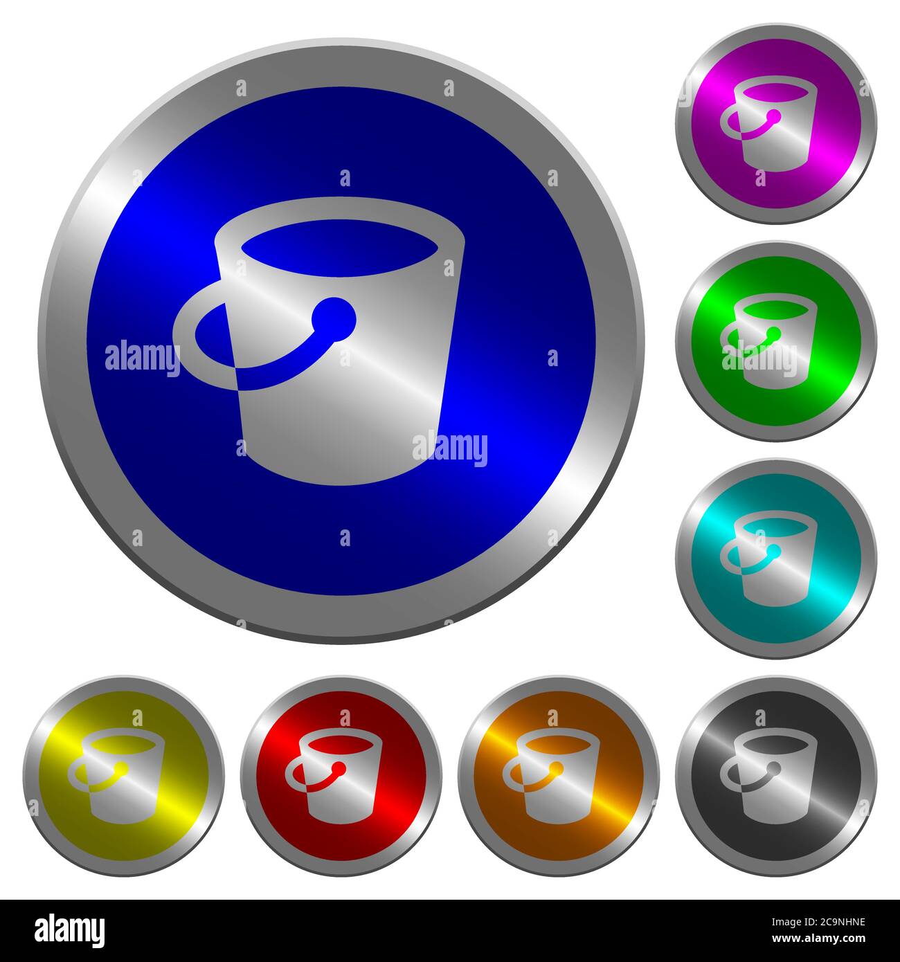 Bucket icons on round luminous coin-like color steel buttons Stock ...