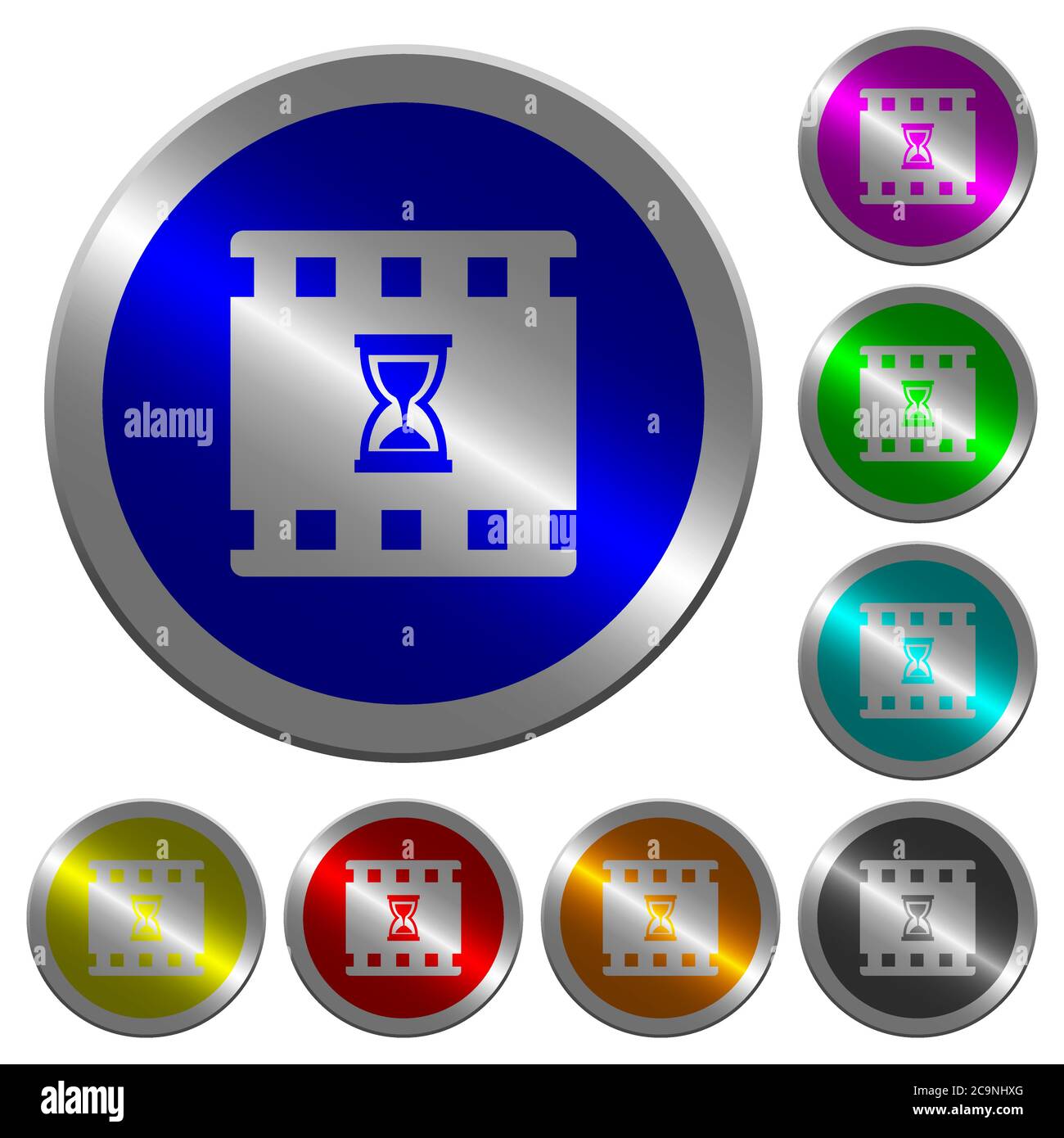 Movie processing icons on round luminous coin-like color steel buttons ...