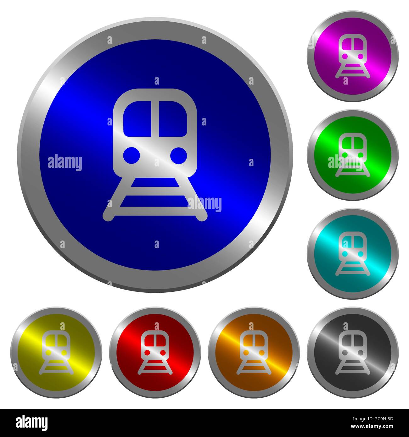 Train icons on round luminous coin-like color steel buttons Stock ...