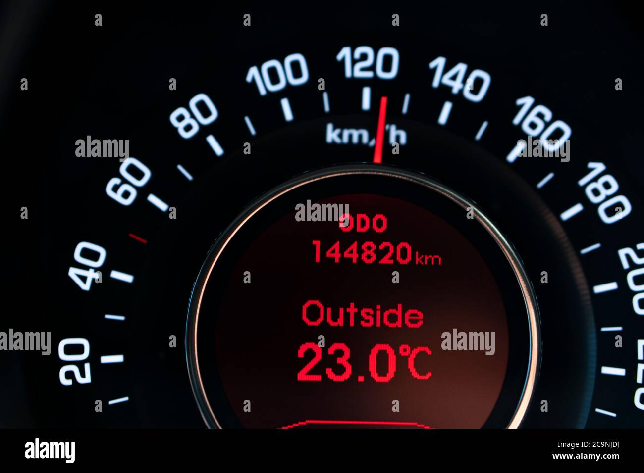 Close up shot of a red speedometer in a car. Car dashboard. Dashboard ...