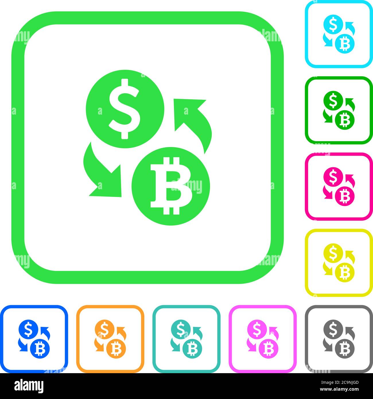 Dollar Bitcoin money exchange vivid colored flat icons in curved ...