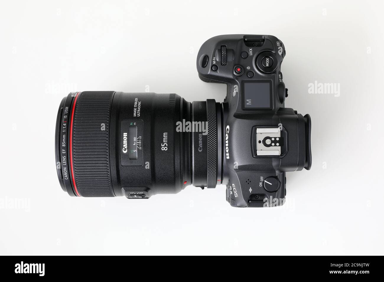 Brand new mirrorless digital camera Canon r5 on white background ...