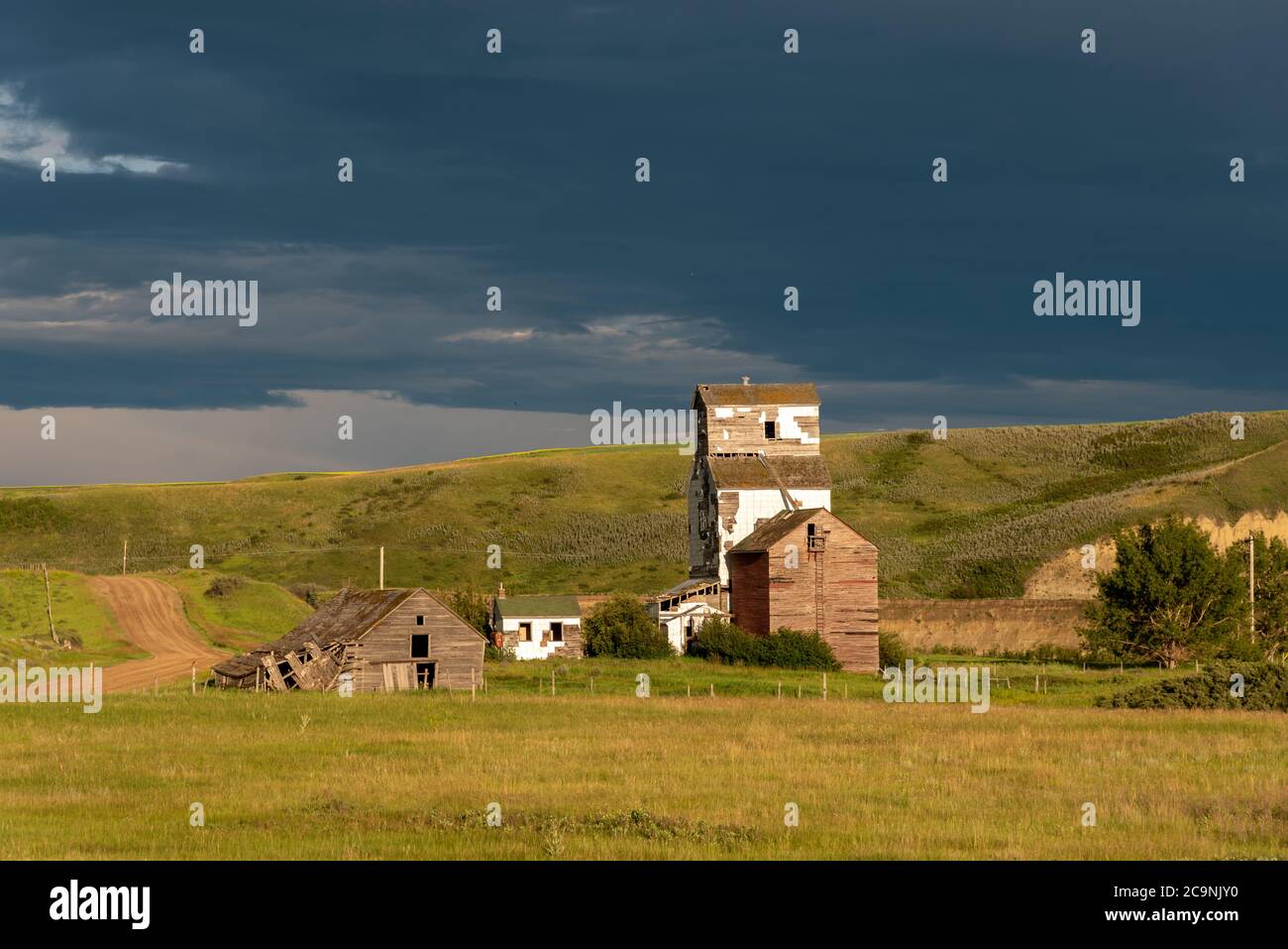 Old abandoned grain elevator in the badlands ghost town of Sharples ...