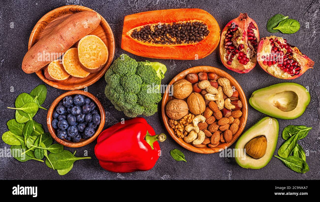 Anti-aging food - healthy fruits, vegetables, nuts. Top view Stock ...