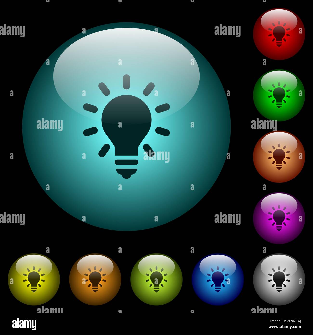 Lighting bulb icons in color illuminated spherical glass buttons on ...