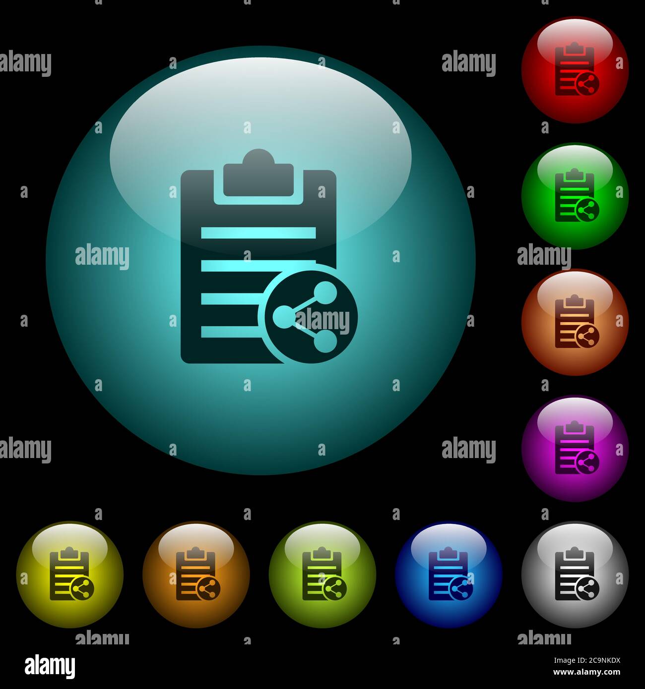 Share note icons in color illuminated spherical glass buttons on black ...