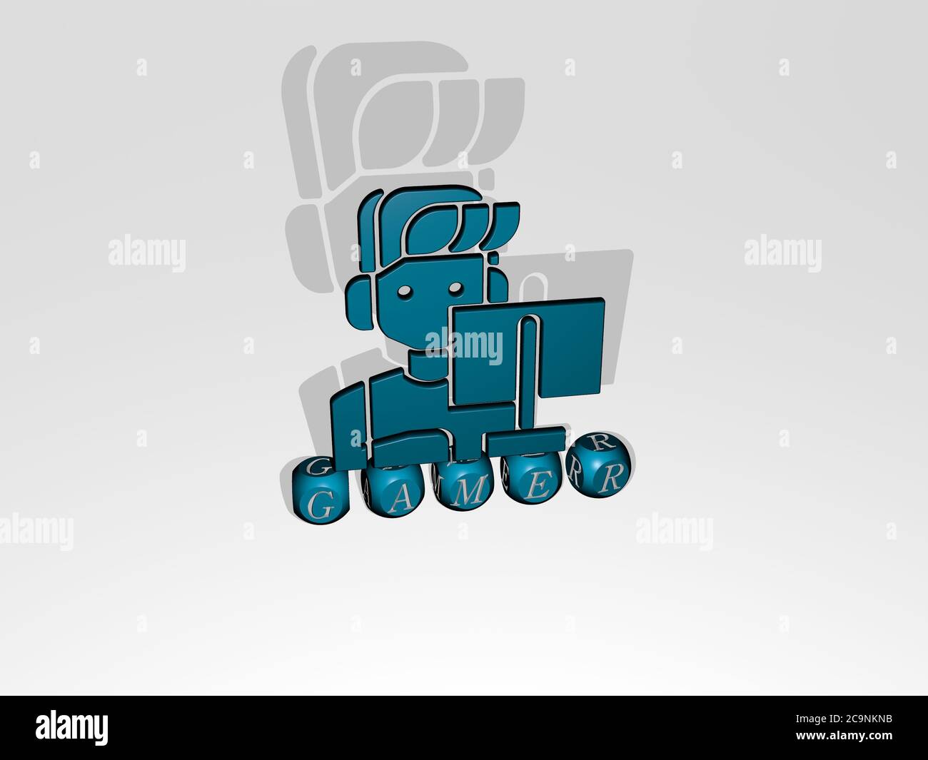 3D representation of gamer with icon on the wall and text arranged by ...