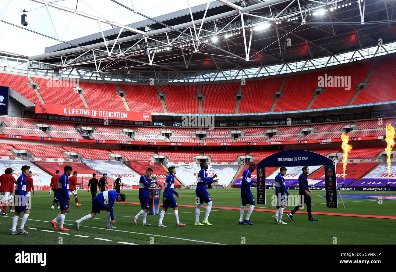 Arsenal and Chelsea players walk out for the Heads Up FA Cup final ...