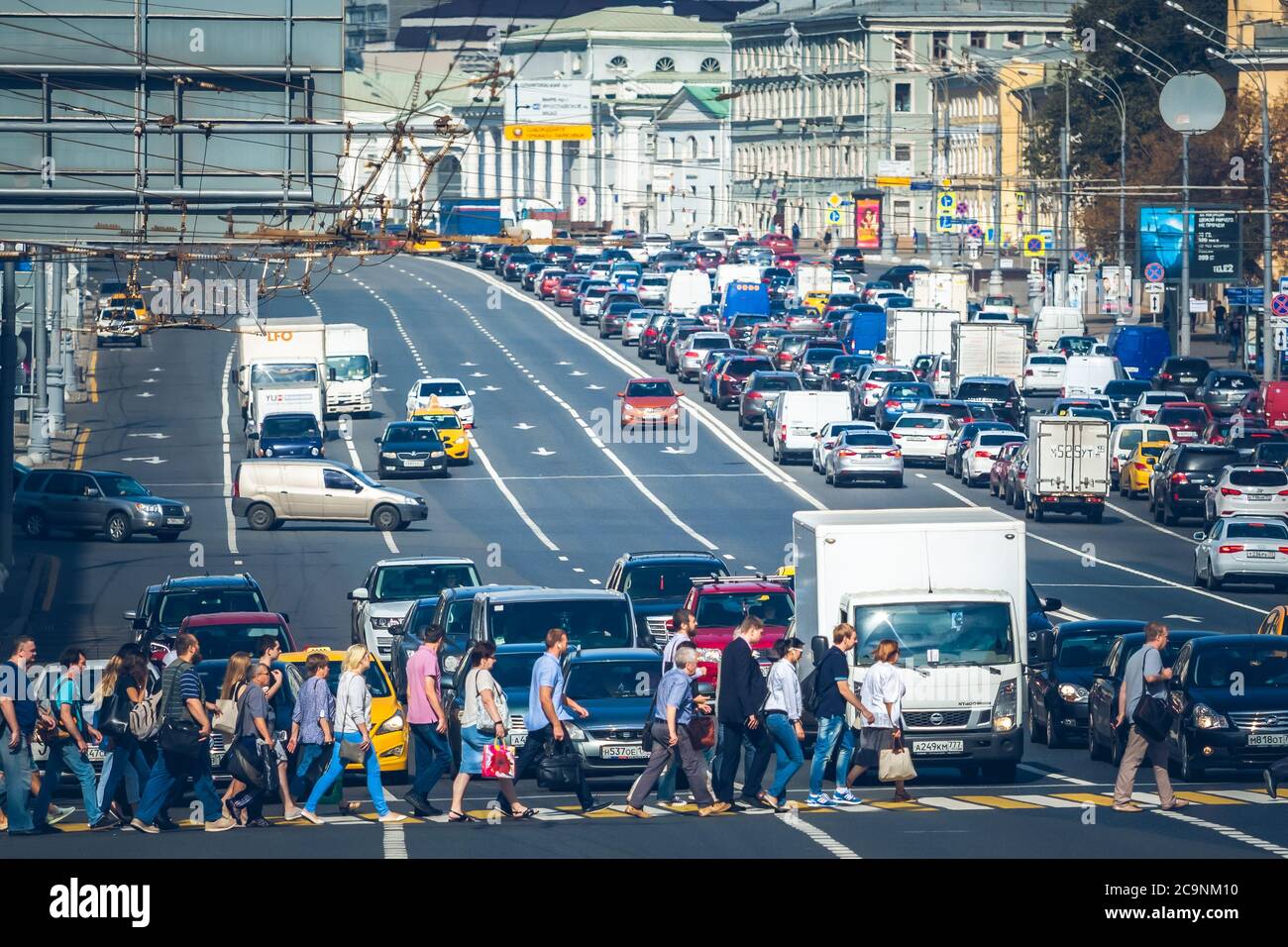 MOSCOW - AUGUST 19, 2016: Group of pedestrians cross Sadovaya-Spasskaya ...