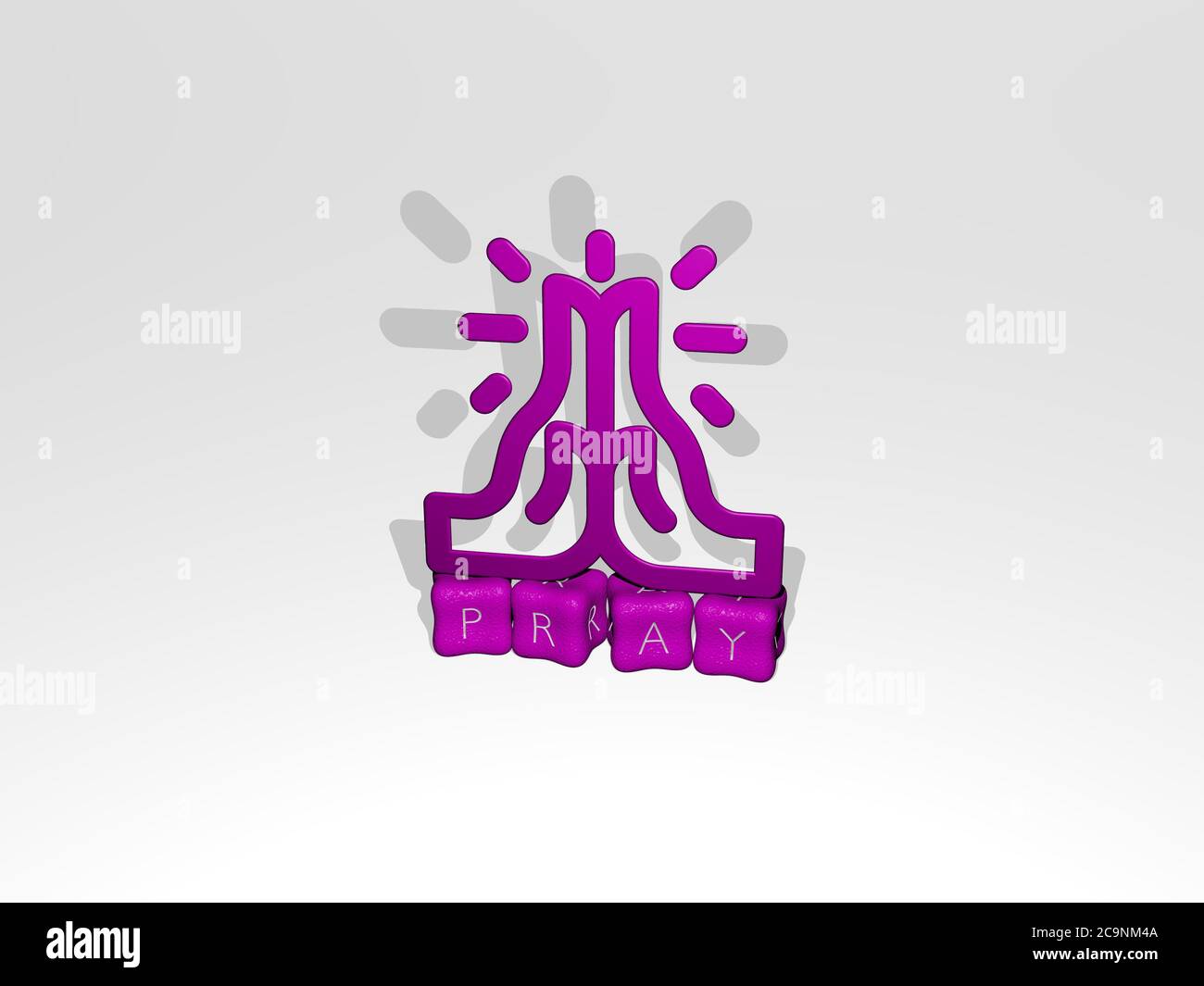 3D illustration of pray graphics and text made by metallic dice letters ...