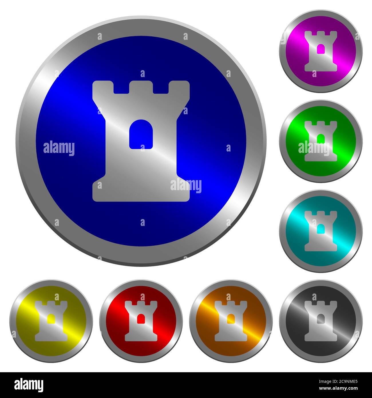 Bastion icons on round luminous coin-like color steel buttons Stock ...