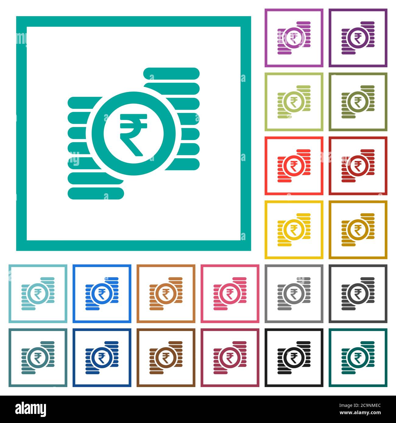 Indian Rupee coins flat color icons with quadrant frames on white ...