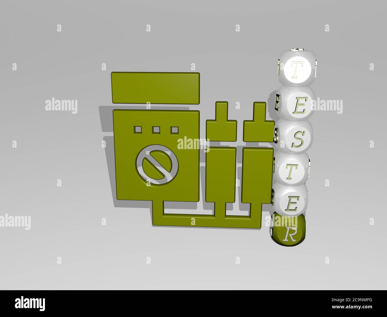 3D representation of TESTER with icon on the wall and text arranged by ...
