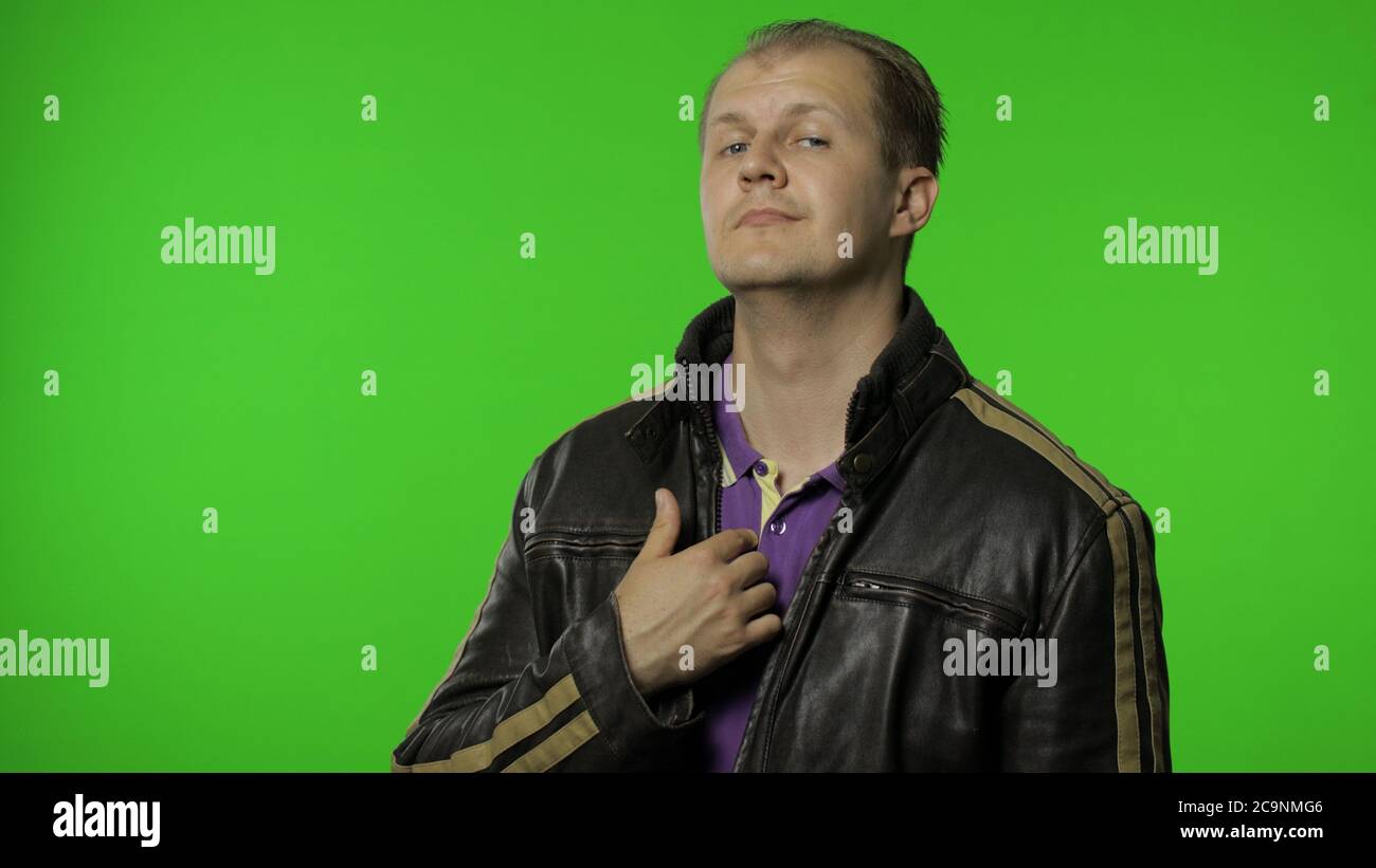 This is me. Ambitious self-confident rocker man in leather jacket ...