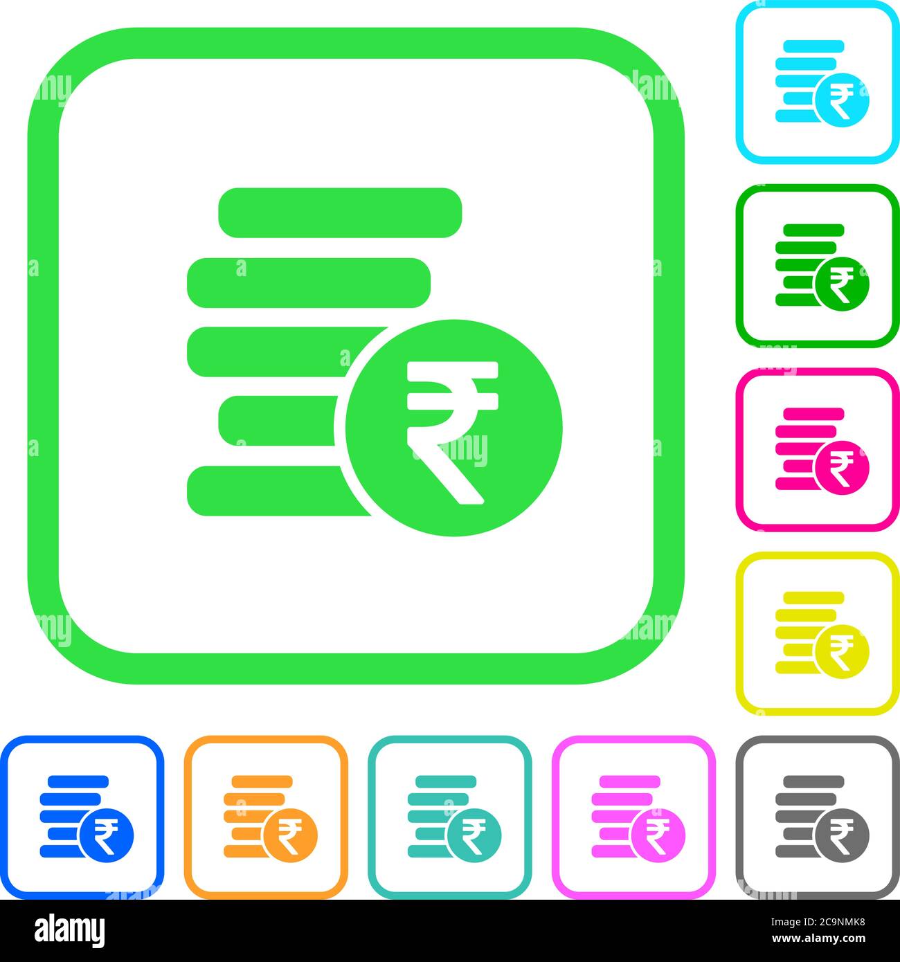 Indian Rupee coins vivid colored flat icons in curved borders on white ...