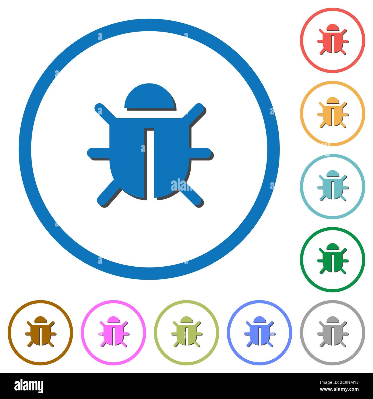 Computer bug flat color vector icons with shadows in round outlines on ...