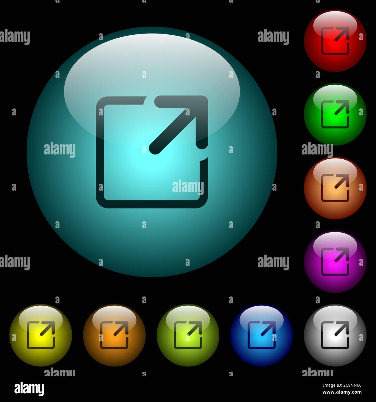Maximize window icons in color illuminated spherical glass buttons on black background. Can be ...