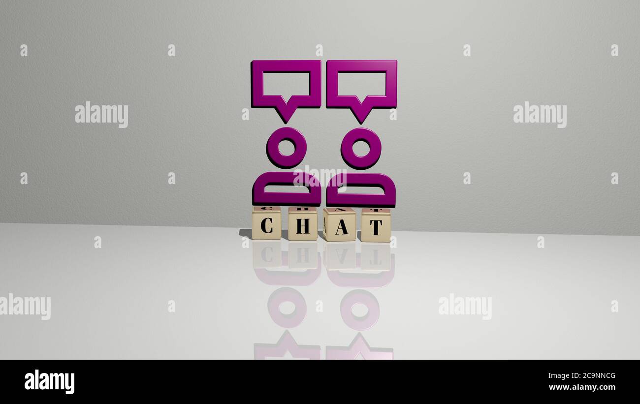 3D illustration of chat graphics and text made by metallic dice letters ...