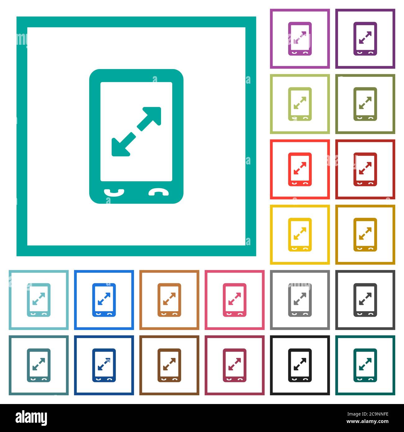 Mobile pinch open gesture flat color icons with quadrant frames on ...