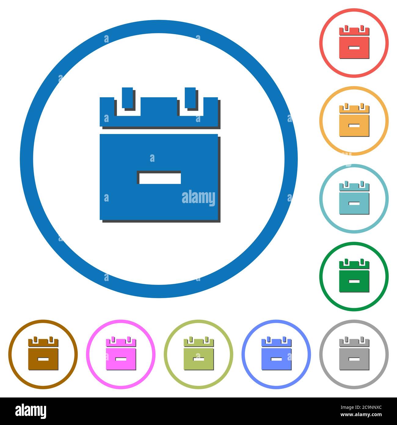 Remove schedule item flat color vector icons with shadows in round ...