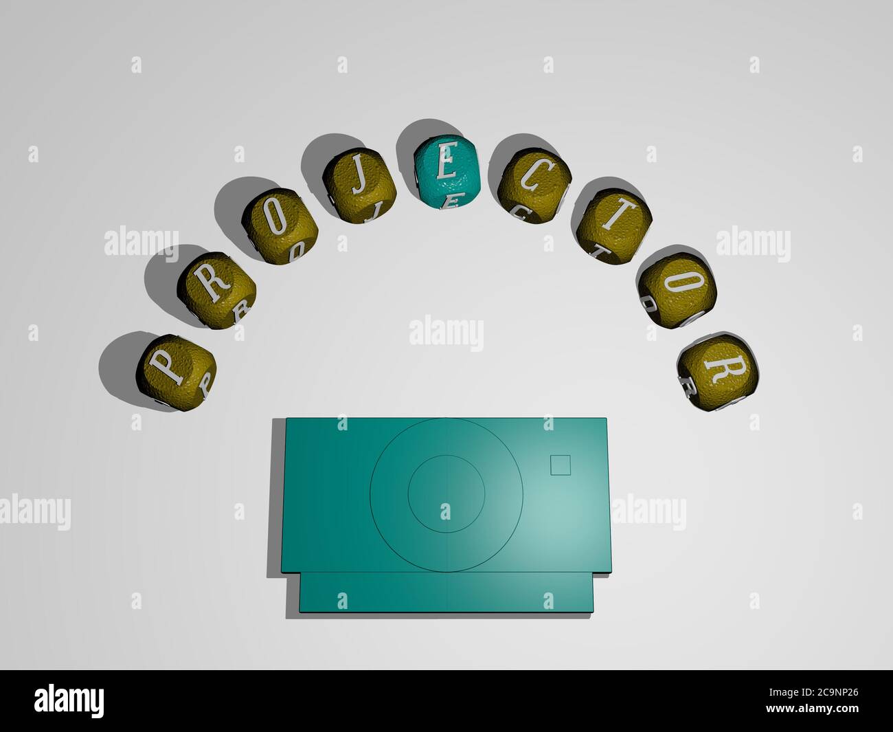 3D representation of projector with icon on the wall and text arranged ...