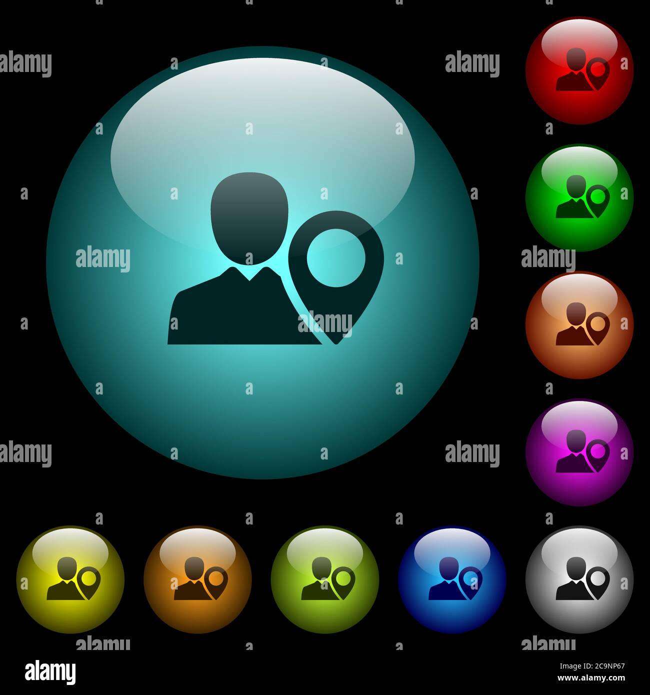 User location icons in color illuminated spherical glass buttons on ...