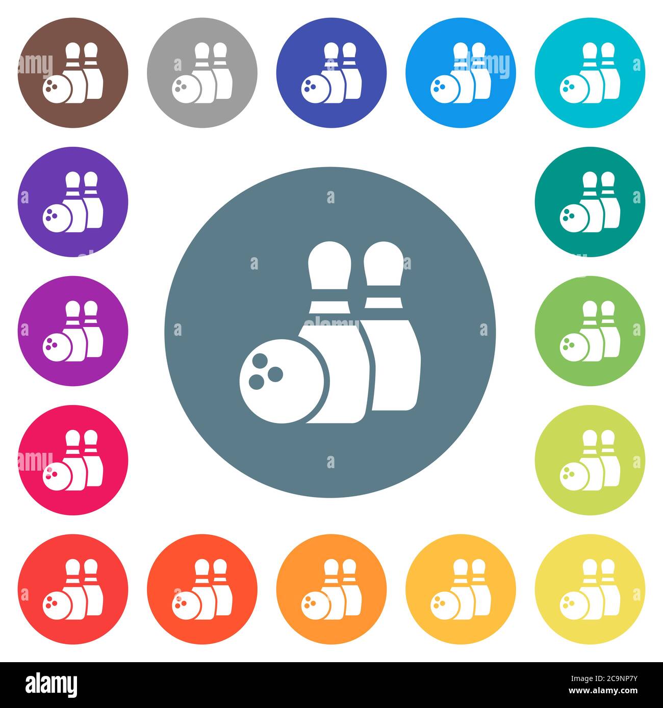 Bowling flat white icons on round color backgrounds. 17 background color variations are included ...