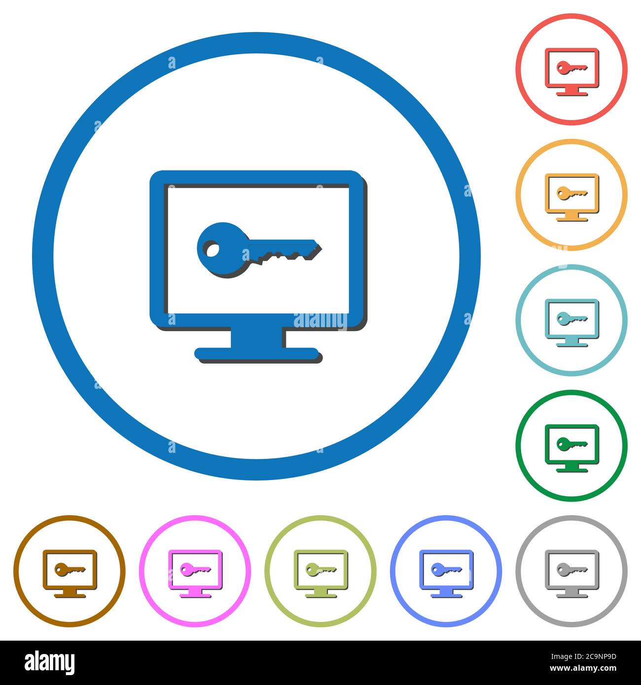 Secure desktop flat color vector icons with shadows in round outlines ...
