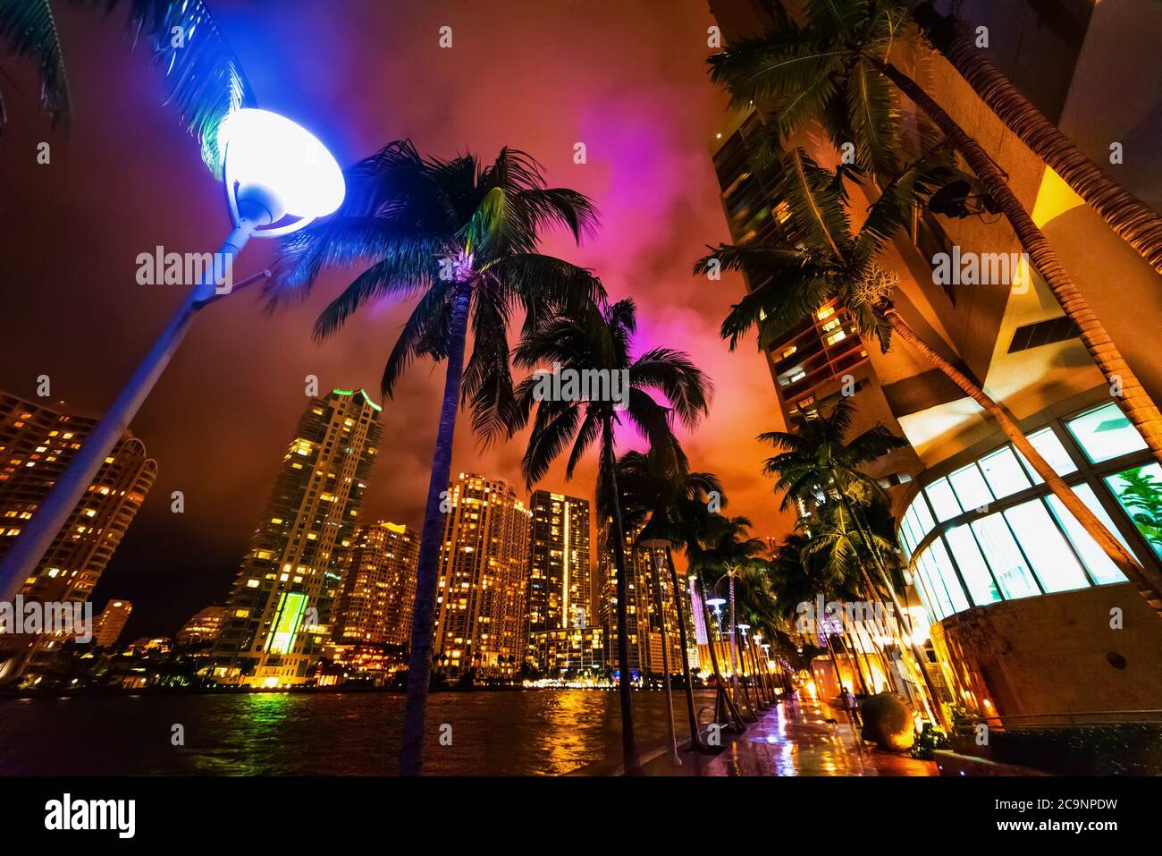 Colorful night in Miami Riverwalk. Florida, USA Stock Photo - Alamy